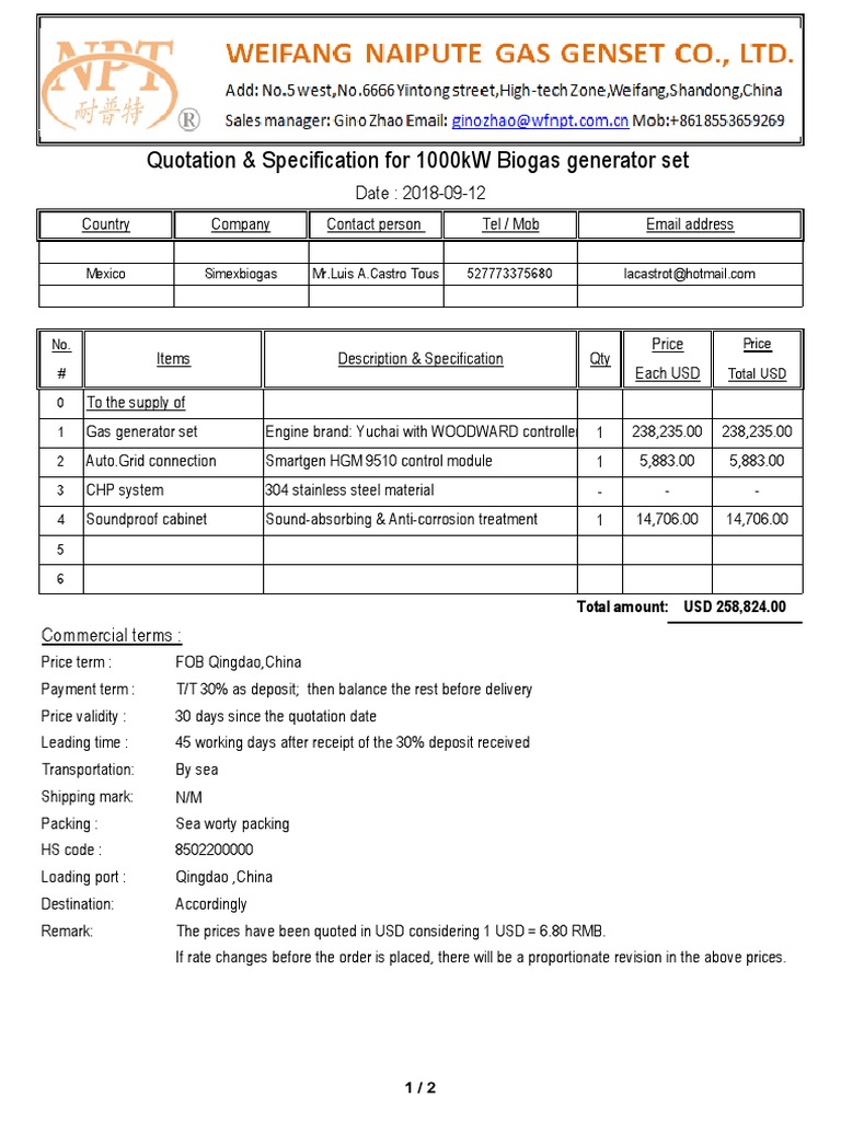 NPT 1000kW Biogas Genset Quotation | PDF