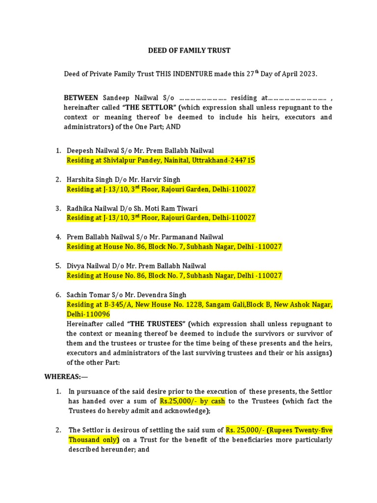 Family Trust Deed | PDF | Trust Law | Property