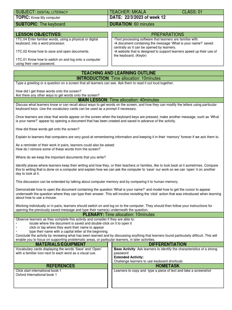 Year 1 ICT Lesson Plan Week12 | PDF | Learning | Computer Keyboard