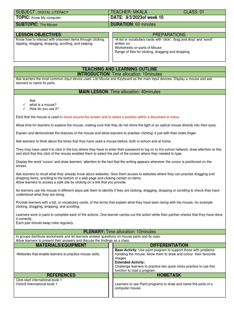 Year 1 ICT Lesson Plan Week10 | PDF | Cursor (User Interface) | Human ...