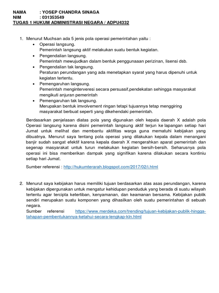 Tugas 1 Hukum Administrasi Negara ADPU4332 | PDF