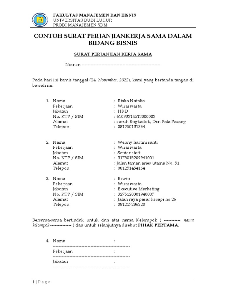 Contoh Surat Perjanjian Kerjasama Dalam Bidang Bisnis FH UII | PDF