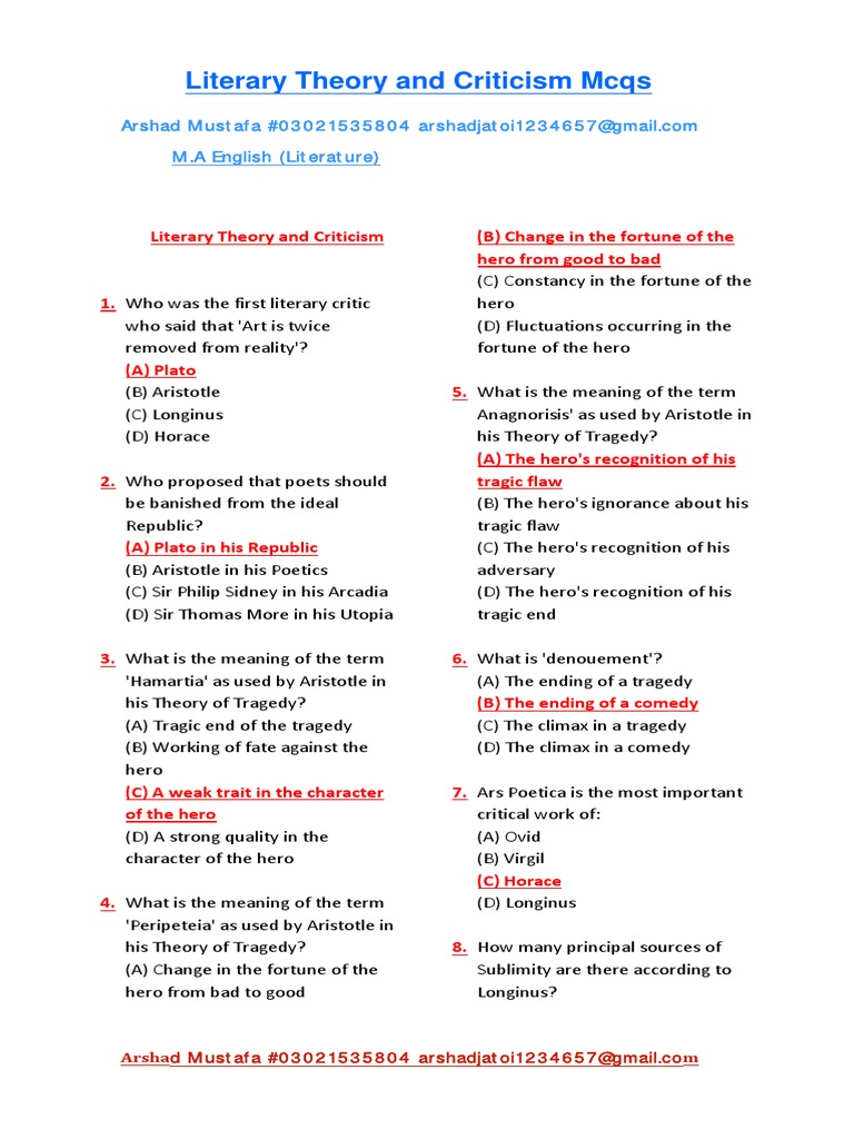 Literary Theory and Criticism MCQs | PDF | Samuel Taylor Coleridge ...