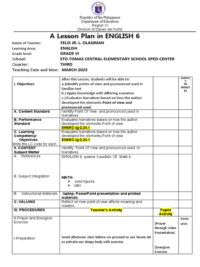 Lesson Plan in English (Elementary) Pang Cot2 | PDF | Narration | Narrative