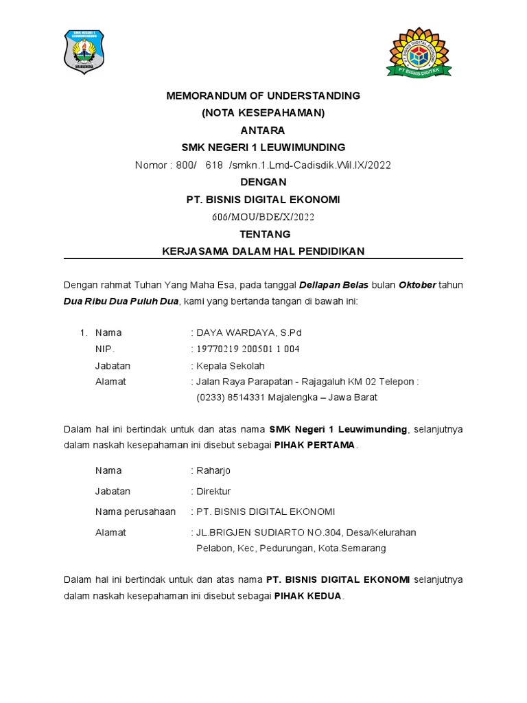 MoU PT. BDE (Sekolah) | PDF