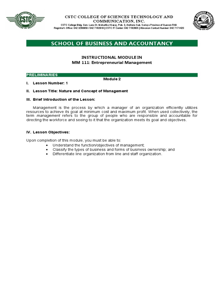 Entrepreneurial Management Module Overview | PDF | Entrepreneurship ...