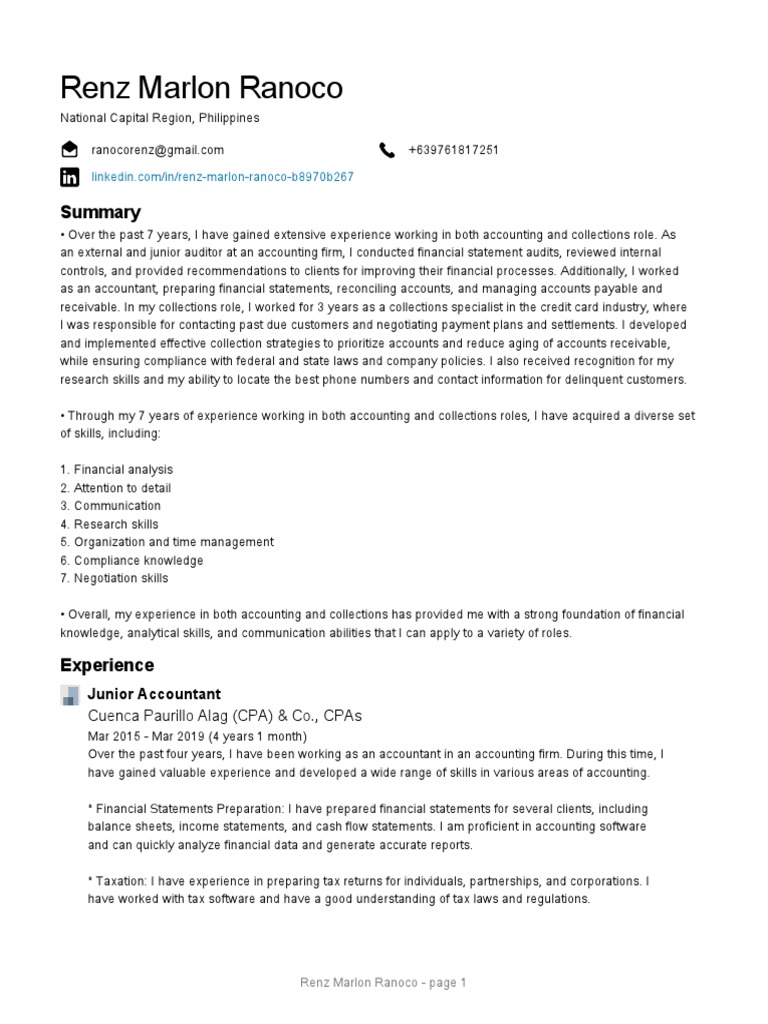 Ranoco, Renz (Resume) | Download Free PDF | Accounting | Audit