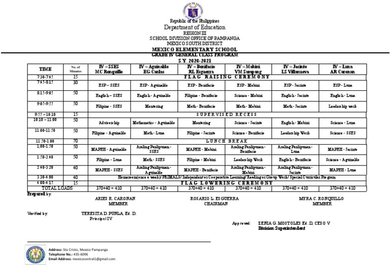 Grade IV General Class Program for School Year 2020-2021 at Mexico ...