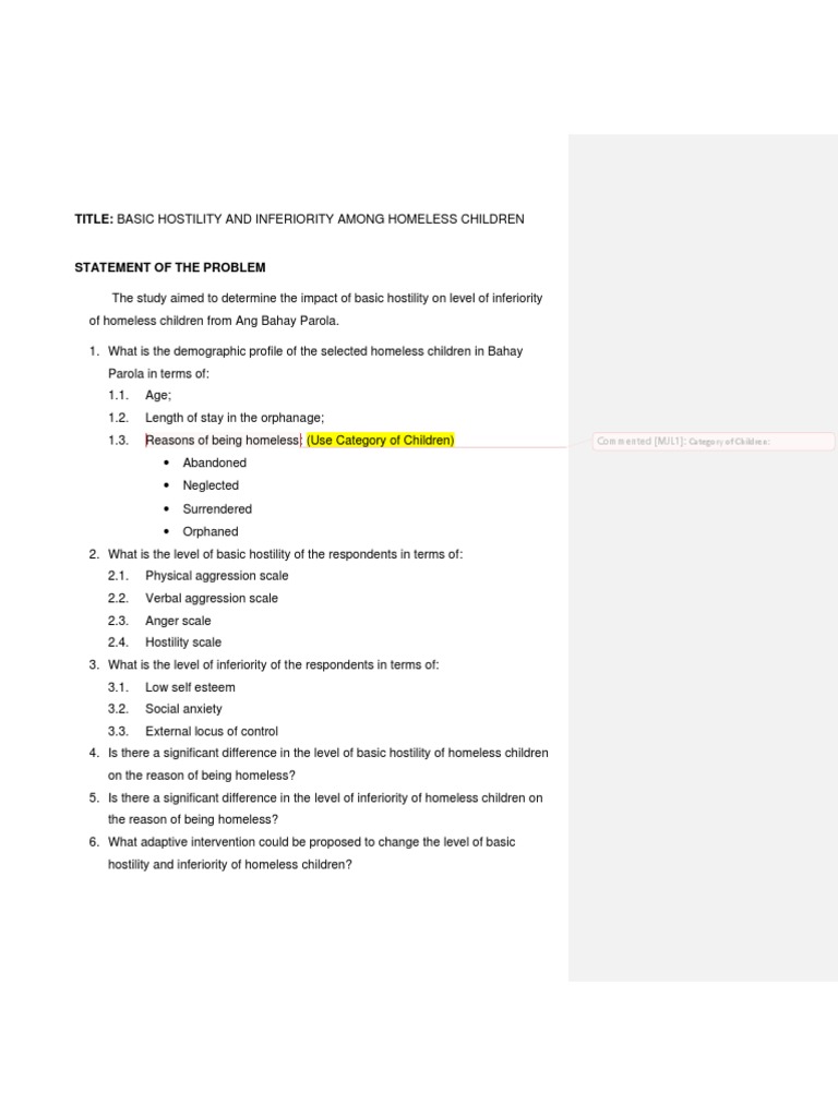Title: Basic Hostility and Inferiority Among Homeless Children | PDF ...