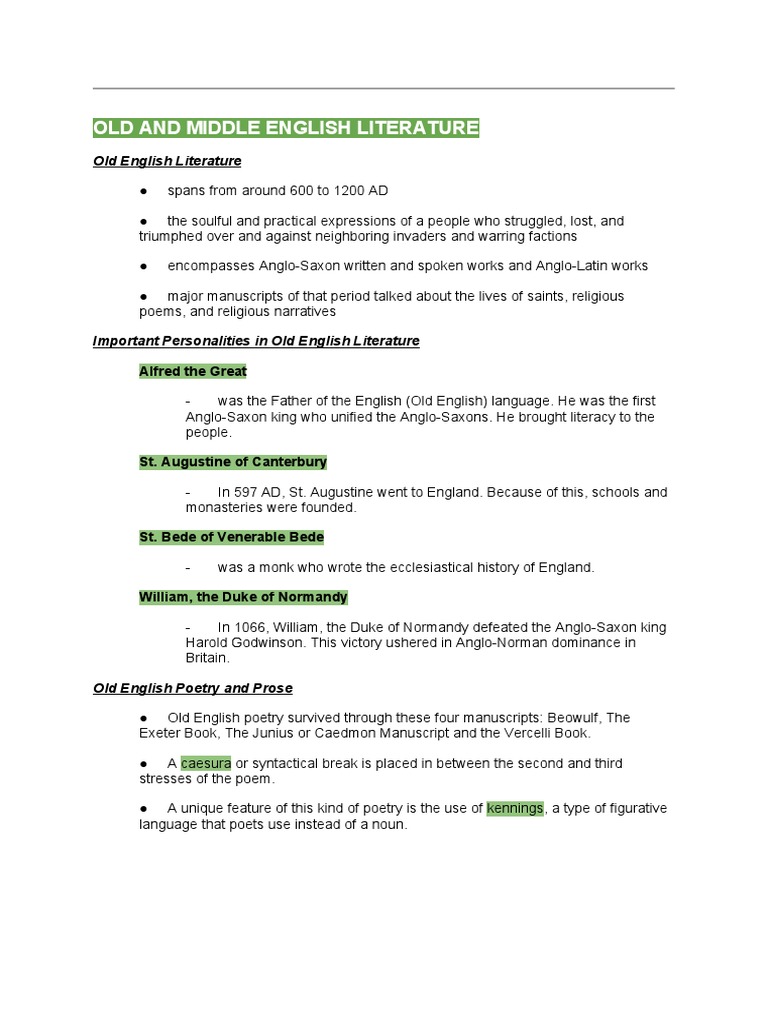 Study Guide For Old English, Middle English, Elizabethan and 20th ...