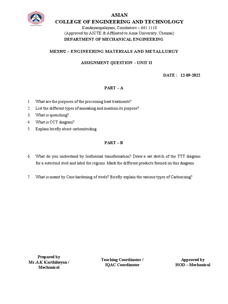 Engineering Materials Assignment Questions | PDF