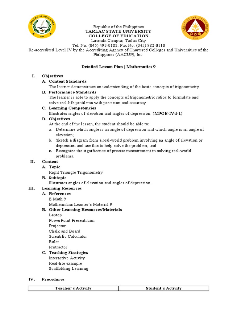 Detailed Math Lesson on Angles of Elevation and Depression | PDF ...