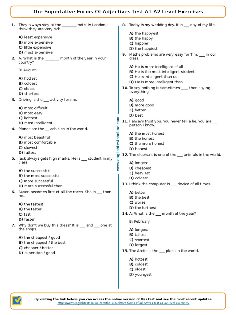 Superlative Adjectives Quiz A1-A2 | PDF