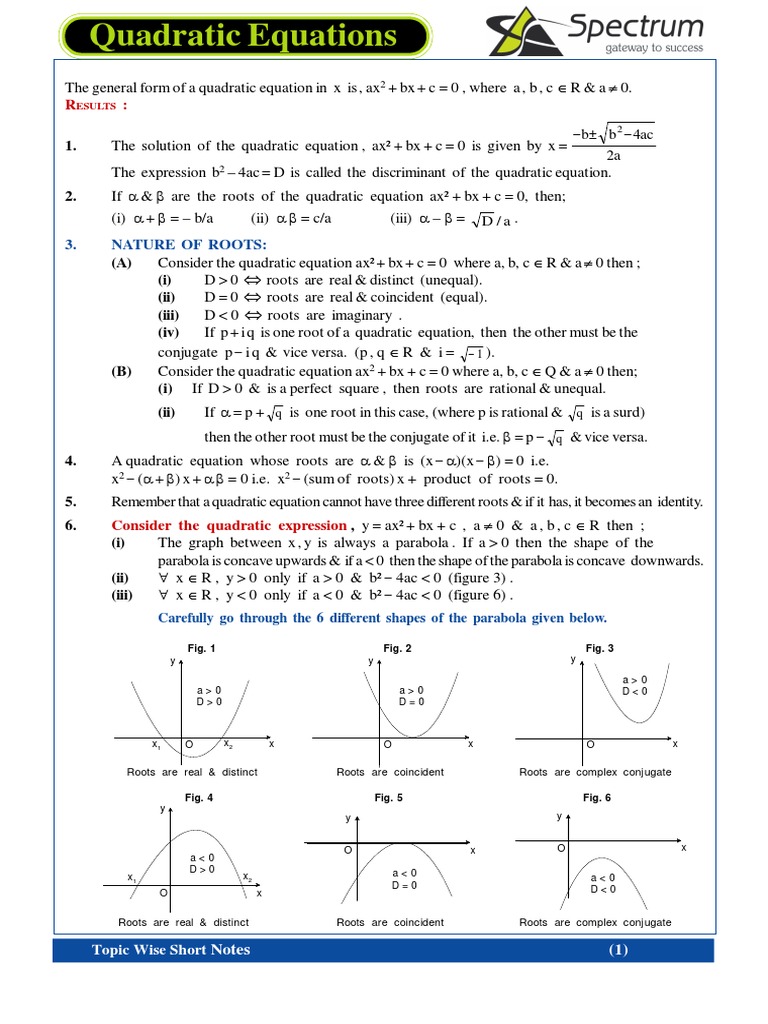 Quadratic Equation Short Notes | PDF | Quadratic Equation | Factorization