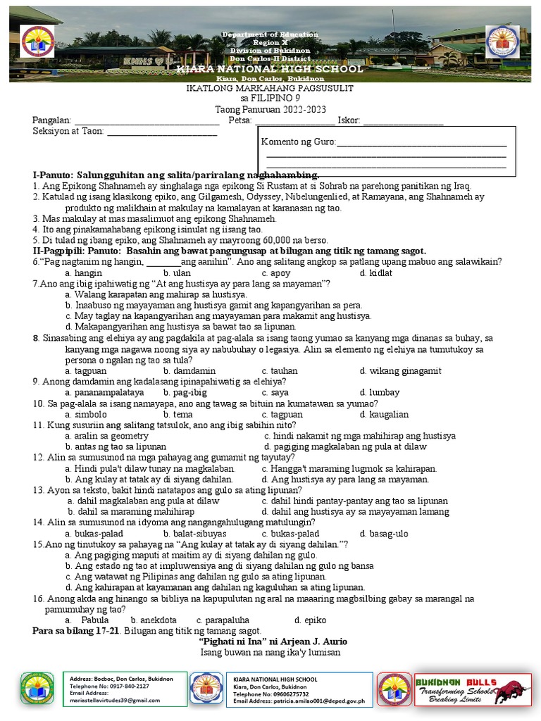 IKATLONG MARKAHANG PAGSUSULIT Sa FILIPINO 9 | PDF