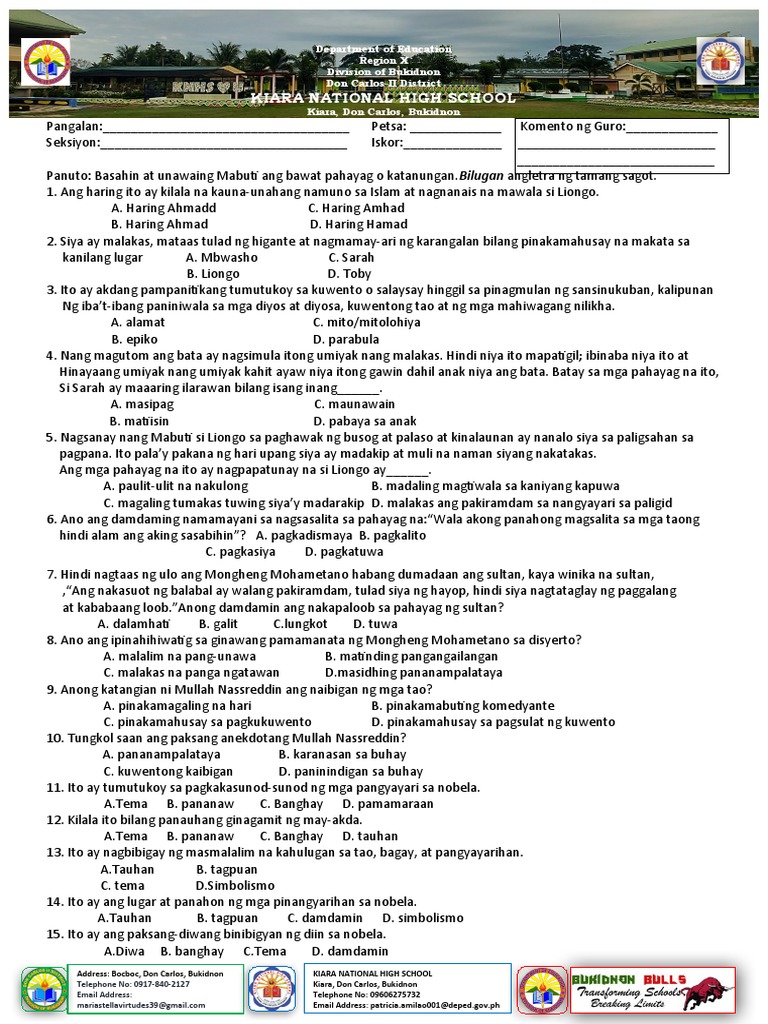 FILIPINO 10-3RD QUARTER EXAM Word | PDF
