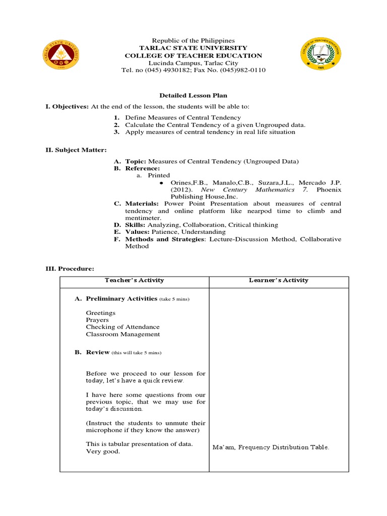 Detailed Lesson Plan Measures of Central Tendency Ungrouped Data | PDF ...