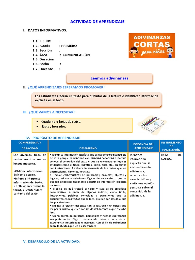 E1 A1 SESION COM. Leemos Adivinanzas | PDF | Evaluación | Aprendizaje