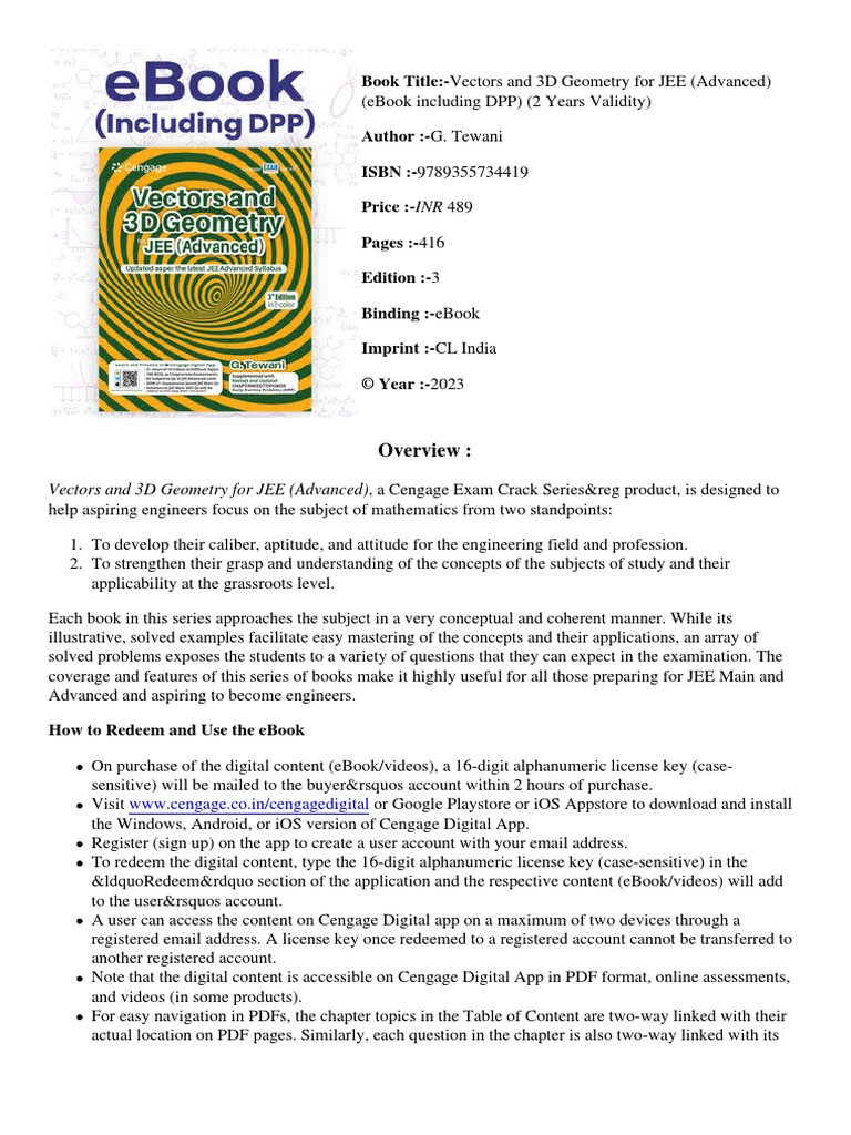Book Title:-Vectors and 3D Geometry For JEE (Advanced) : Overview | PDF