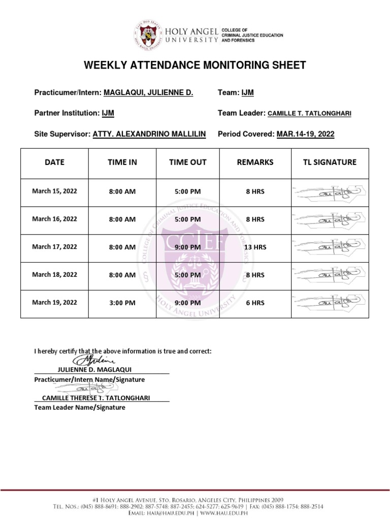 Weekly Attendance Monitoring Sheet: Date Time in Time Out Remarks TL ...