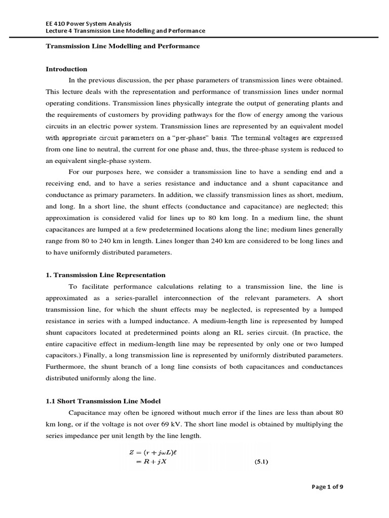 Modeling Transmission Lines: Representing Short, Medium, and Long Lines with Lumped and ...