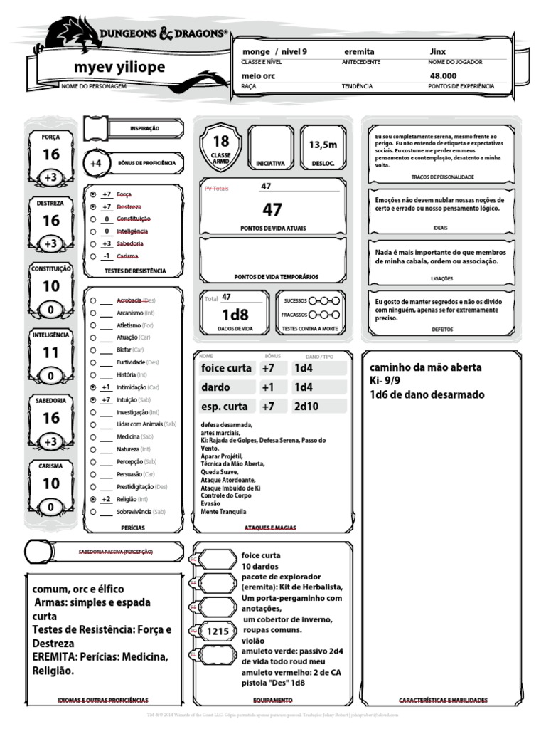 Ficha Dungeons Dragons Miev Nivel 9 | PDF