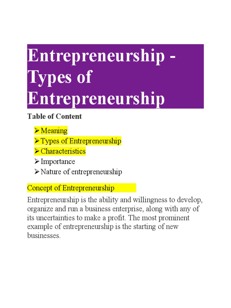 Entrepreneurship - Types of Entrepreneurship | PDF