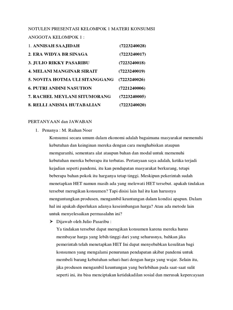 Notulen Presentasi Kelompok 1 Konsumsi | PDF
