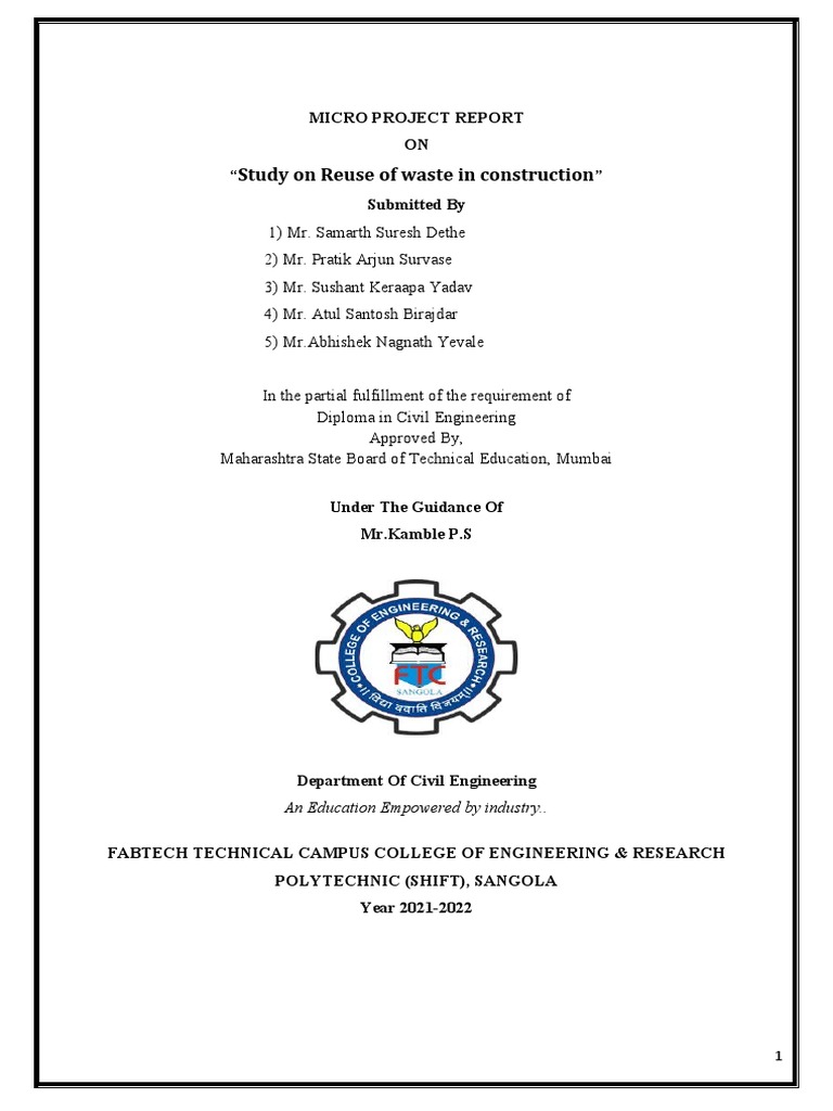 Study On Reuse of Waste in Construction: Micro Project Report ON ...