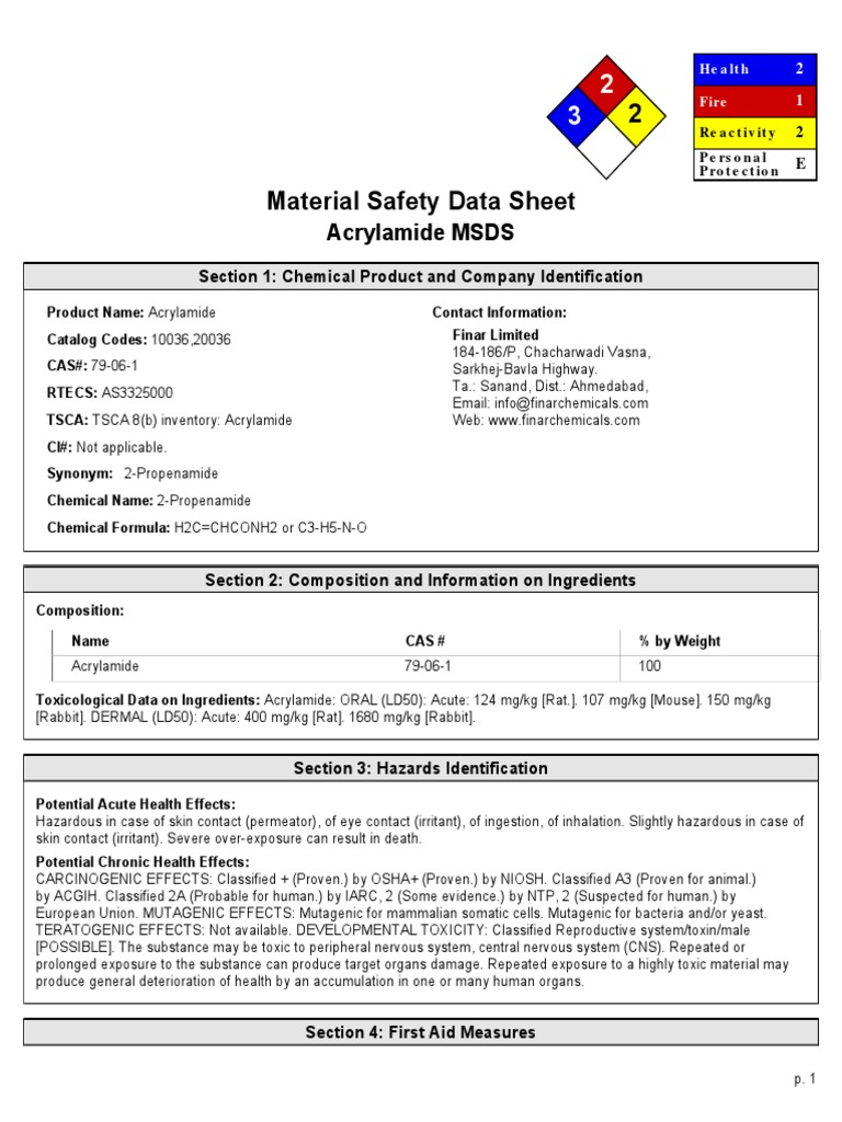 2 Material Safety Data Sheet: Acrylamide MSDS | Download Free PDF | Water | Personal Protective ...