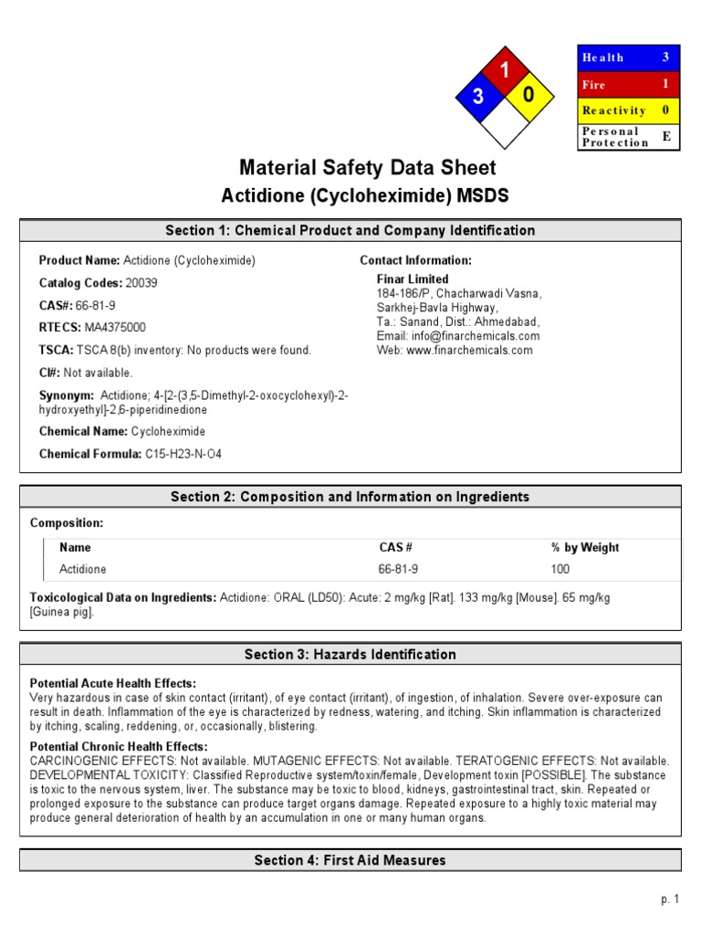 0 Material Safety Data Sheet: Actidione (Cycloheximide) MSDS | PDF ...