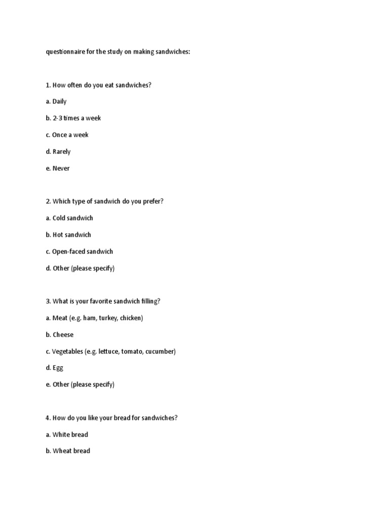 Questionnaire For The Study On Making Sandwiches | PDF