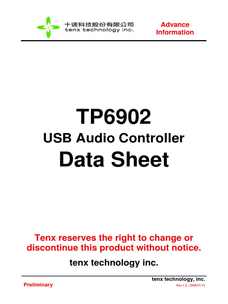 TP6902 Data Sheet: USB Audio Controller | Download Free PDF | Usb | Electronic Circuits
