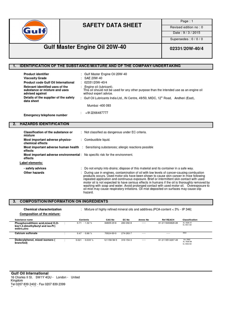 Gulf Master 20W-40 Engine Oil Safety | PDF | Firefighting | Toxicity