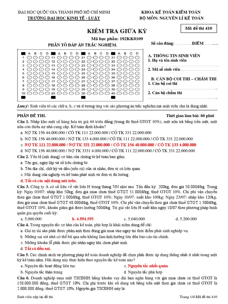 Đề thi giữa kỳ Nguyên lí kế toán 192 HK2 2020 | PDF
