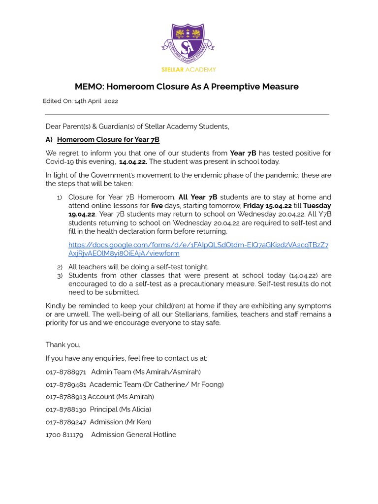 MEMO: Homeroom Closure As A Preemptive Measure | PDF | Epidemiology ...