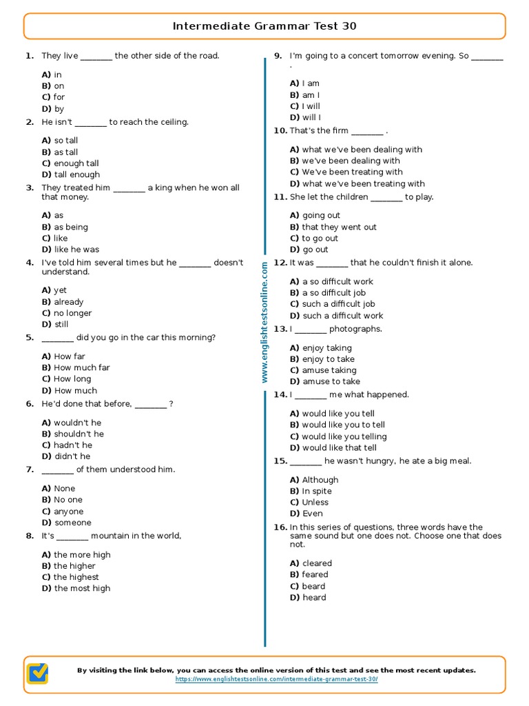 Intermediate Grammar Test 30 Questions | PDF
