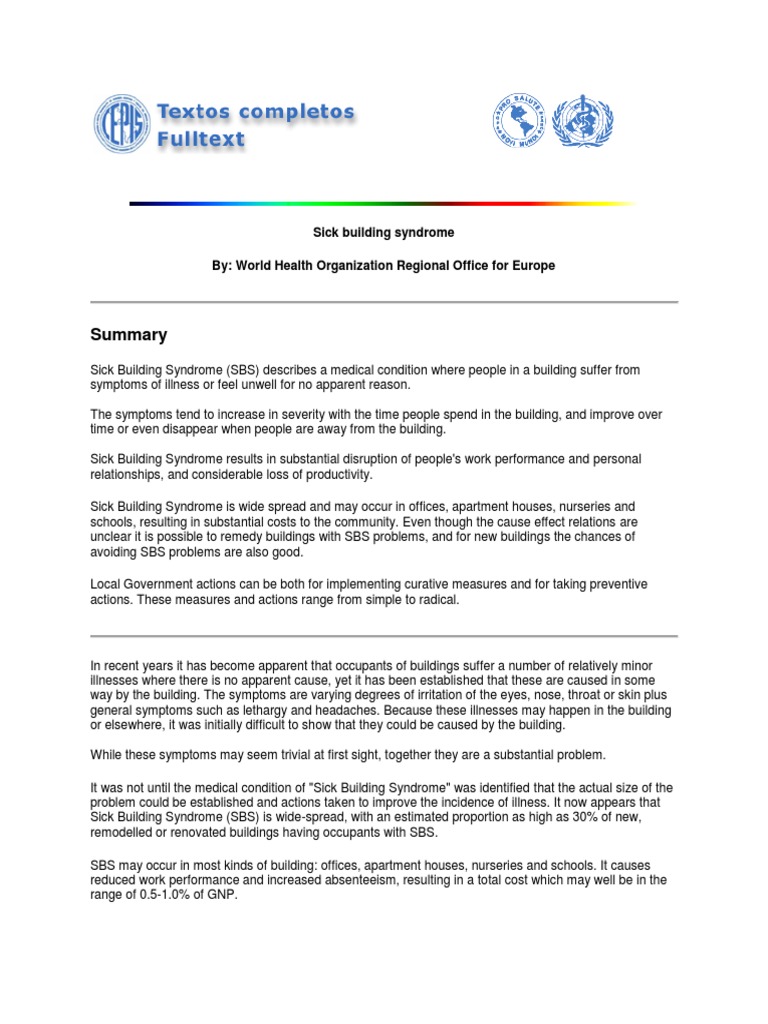 Sick Building Syndrome By: World Health Organization Regional Office ...