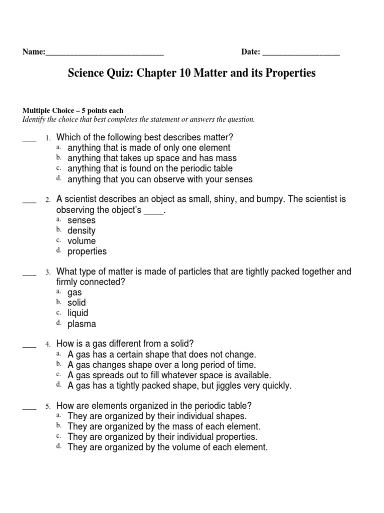 Matter Properties Quiz and Review | PDF | Gases | Volume