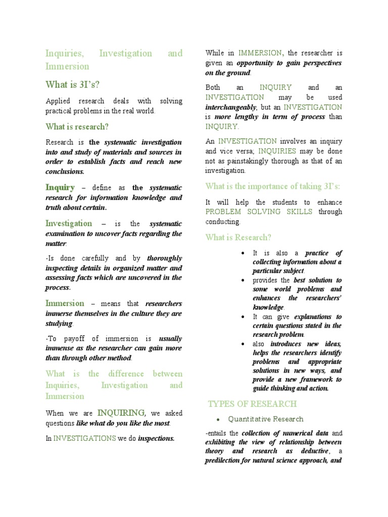 What Is 3i's?: Inquiries, Investigation and Immersion | PDF | Survey ...