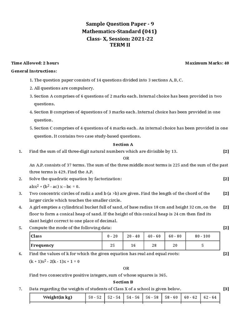 Mathematics Term 2 - Pactice Paper 9 | PDF | Circle | Angle