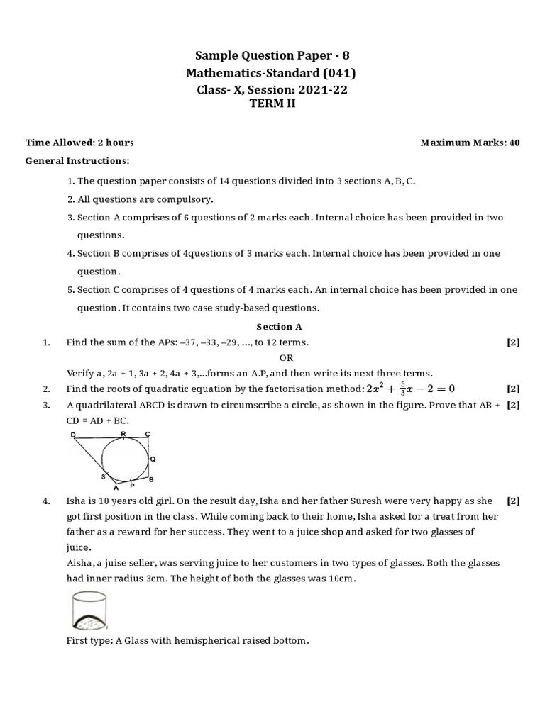 Mathematics, Term-2, Practice paper-7 | PDF