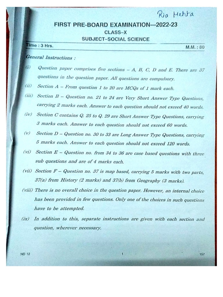 SST Pre Board Exam Question Paper | PDF