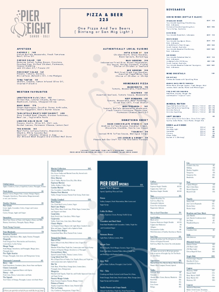 Pier Eight Menu Combined | PDF | Rose | Cuisine