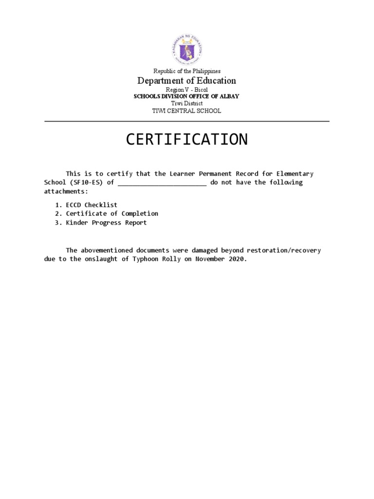 Certification (Loss of Documents) | PDF
