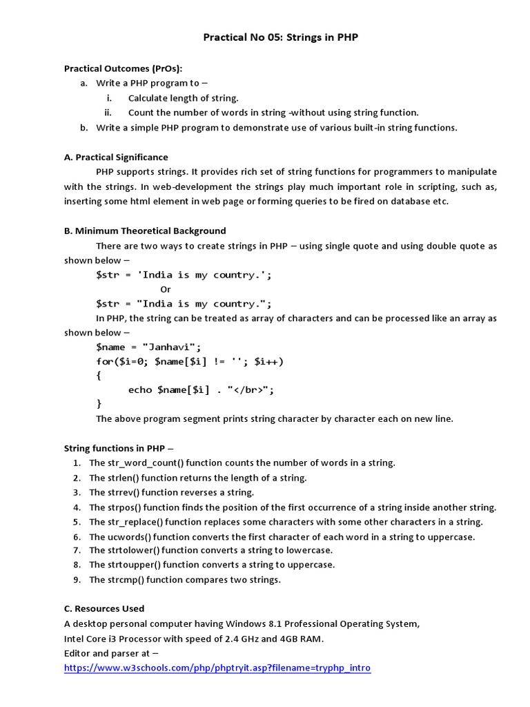 Practical Outcomes (Pros) :: Practical No 05: Strings in PHP | PDF | String (Computer Science) | Php