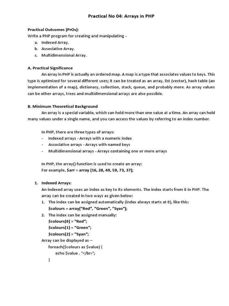 Practical Outcomes (Pros) :: Practical No 04: Arrays in PHP | PDF | Computing | Software