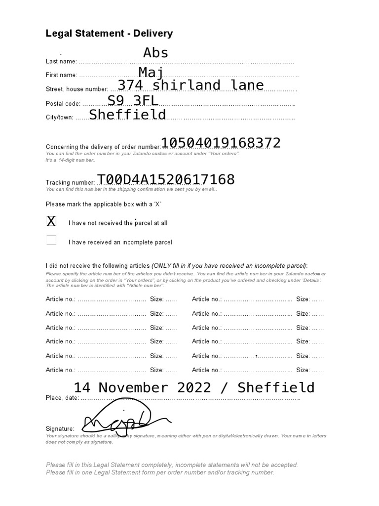 Zalando Delivery Legal Statement Form | PDF
