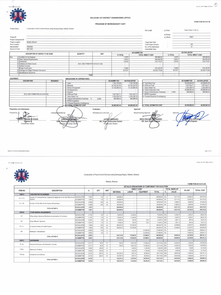 Flood Control Structure Project Budget | PDF