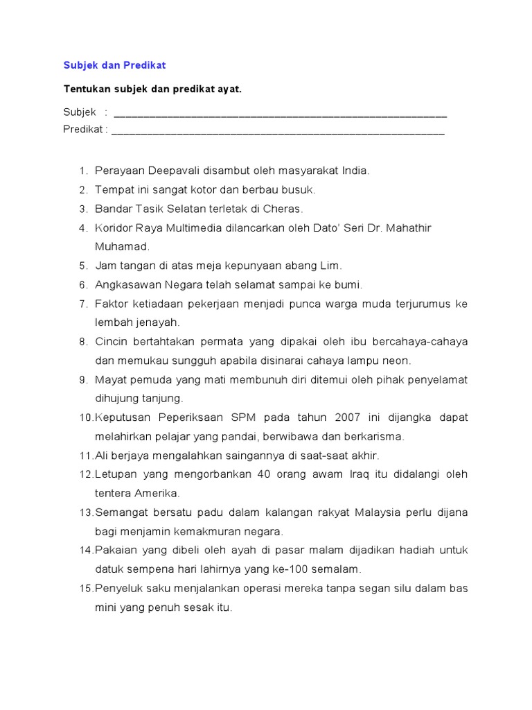 Latihan Subjek Dan Predikat | PDF